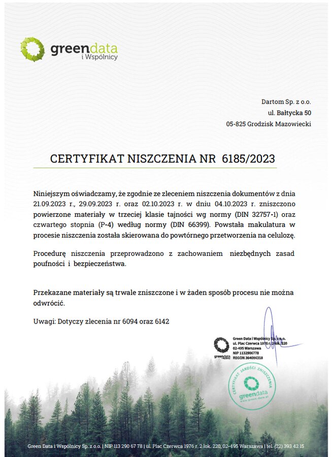 Certyfikat niszczenia dokumentów Certyfikat niszczenia dokumentów